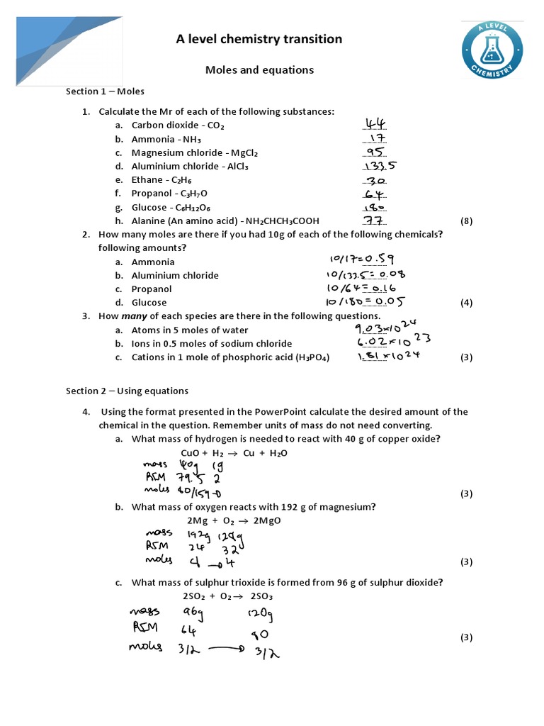 A Level Chemistry: Moles & Equations | PDF | Oxide | Mole (Unit)