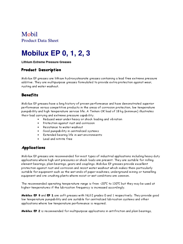 Mobil (Mobilux) EP1 2 3 | PDF | Bearing (Mechanical) | Mechanical ...