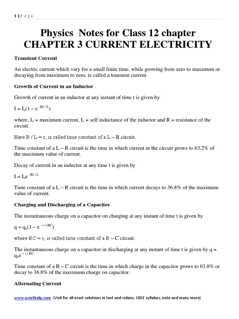 Physics Formula and Notes For Class 12 CBSE Board Chapter 7 ALTERNATING ...