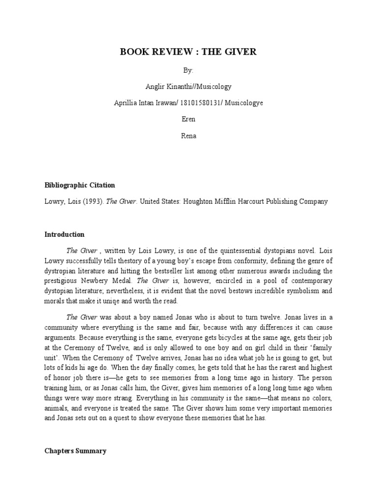 Book Review: The Giver: Bibliographic Citation | PDF | The Giver | Dystopia