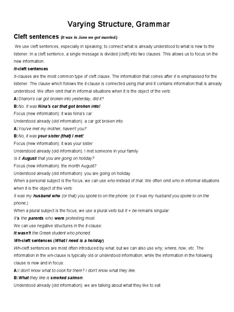 Analyzing the Use of Cleft Sentences, Participle Clauses, and Inversion in English Grammar | PDF ...