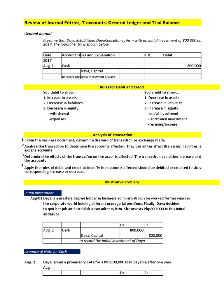 Review of Journal Entries, T-Accounts, General Ledger and Trial Balance ...