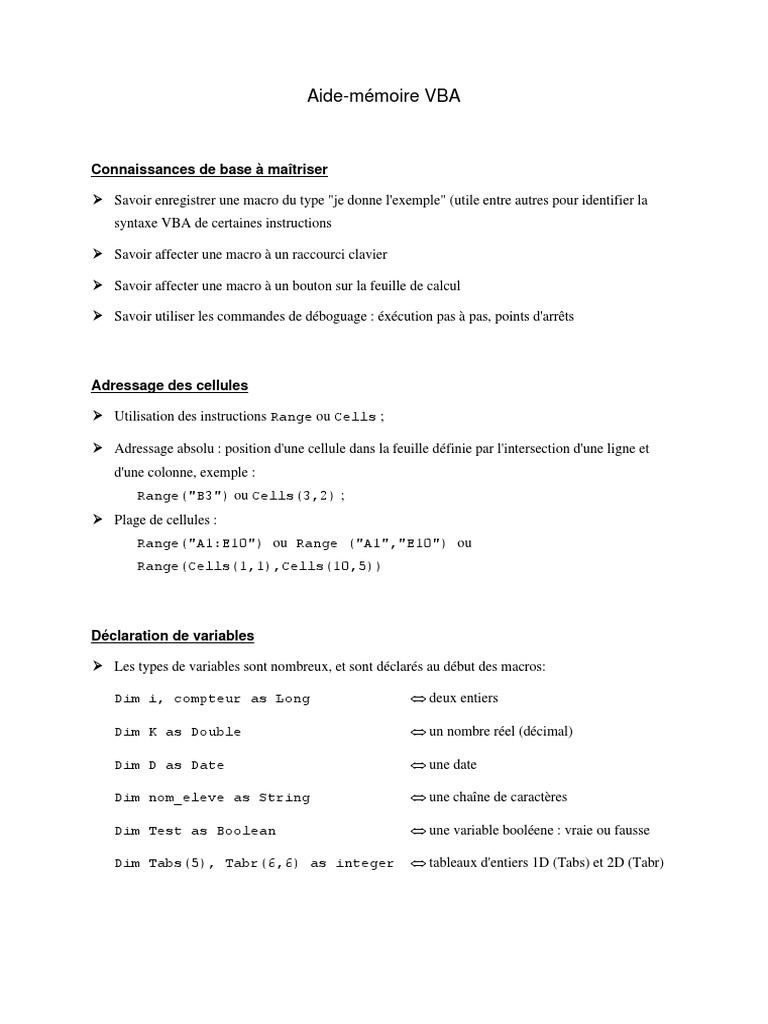 Aide-mémoire VBA pour Excel | PDF | Structure de contrôle | Macro ...