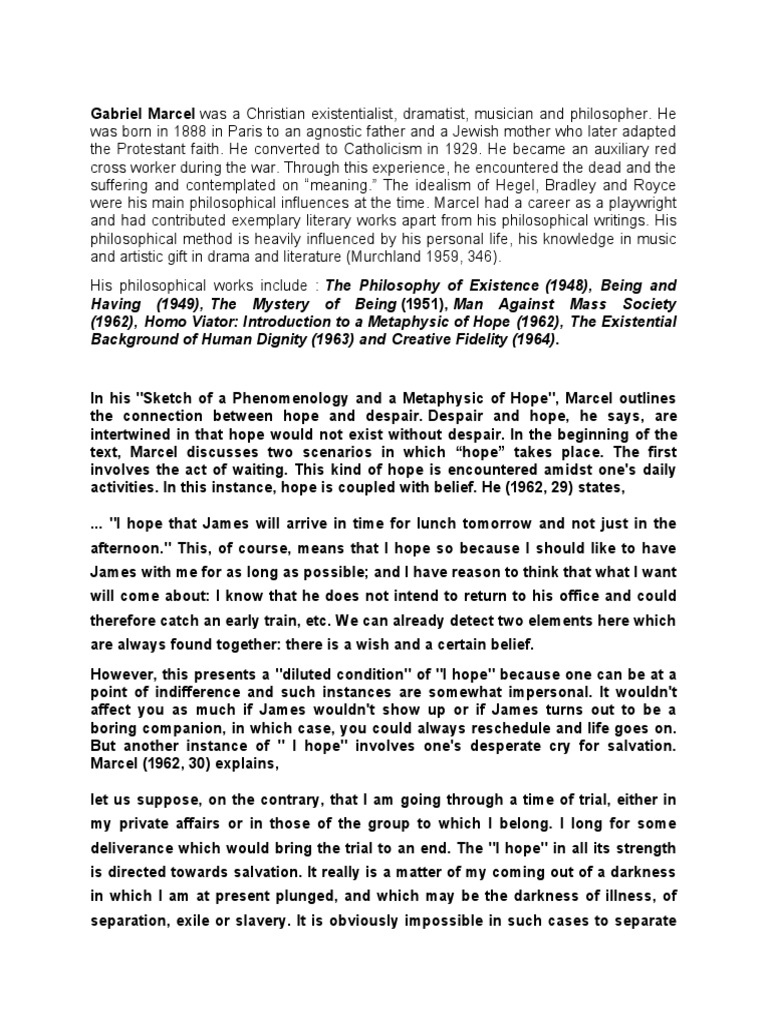 Gabriel Marcel - Sketch of A Phenomenology and A Metaphysic of Hope ...