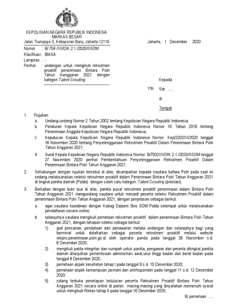 Surat Undangan Peserta Rekpro Bintara T.A. 2021 | PDF