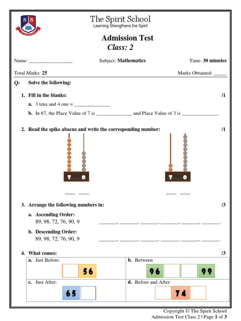 Admission Test Class II Maths | PDF | Mathematics