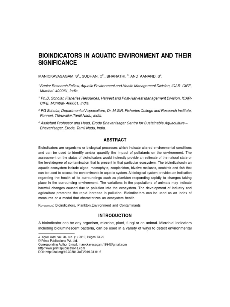 Bioindicators in Aquatic Environment and Their Significance | PDF ...