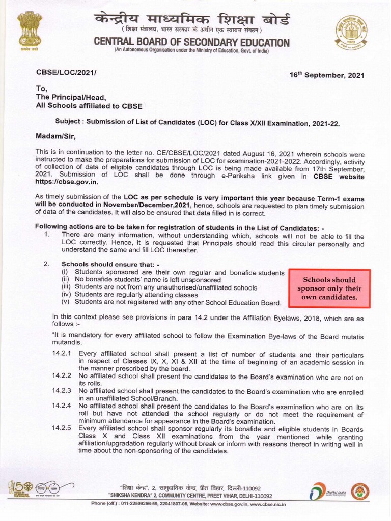 Circular For LOC of Class X and XII (2021-2022) | PDF