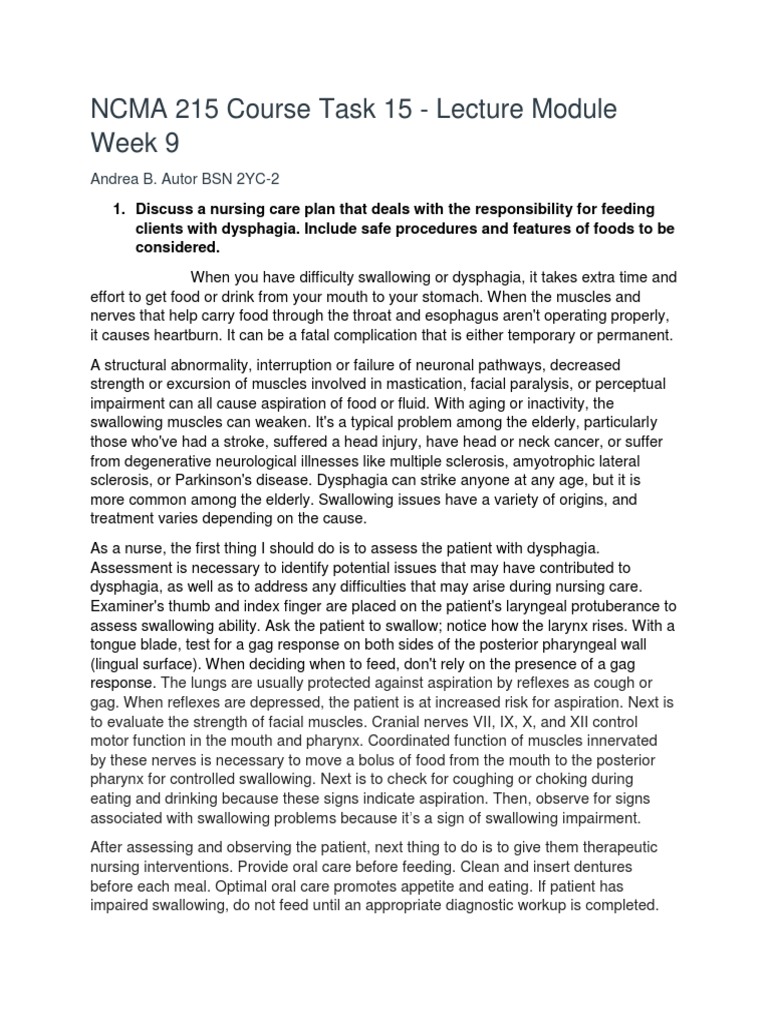NCMA 215 Course Task 15 - Lecture Module Week 9: Andrea B. Autor BSN ...