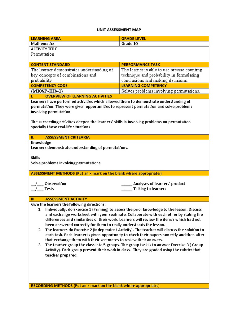 Unit Assessment Map-Permutation | PDF | Educational Assessment | Learning
