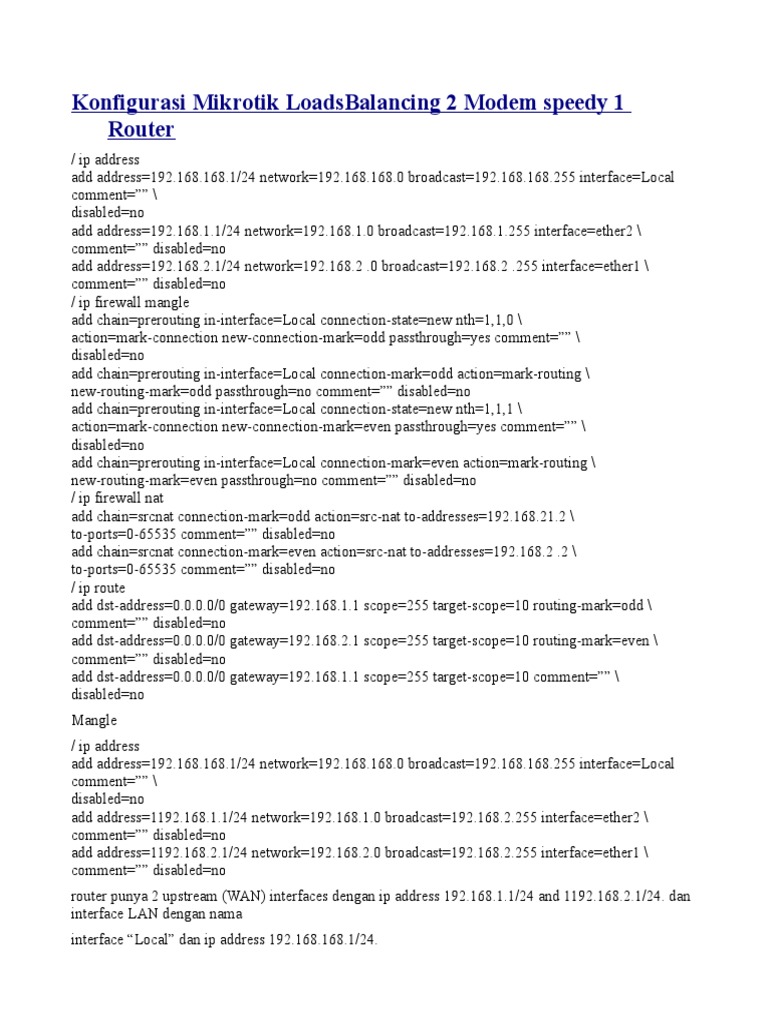 Konfigurasi Mikrotik LoadsBalancing 2 Modem Speedy 1 Router | PDF | Router (Computing) | Ip Address