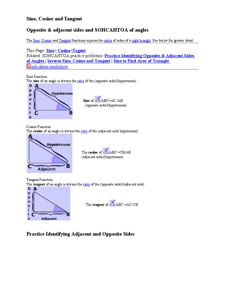 Sine, Cosine and Tangent Opposite & Adjacent Sides and SOHCAHTOA of ...