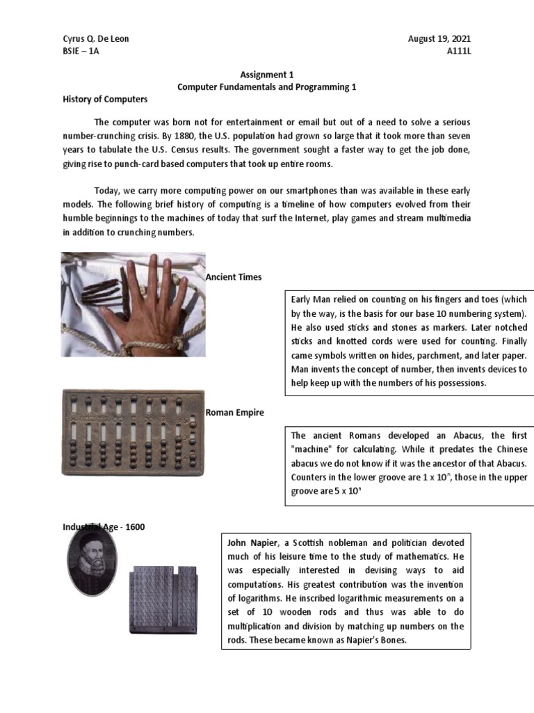 Assignment 1 Computer Fundamentals and Programming 1 History of ...