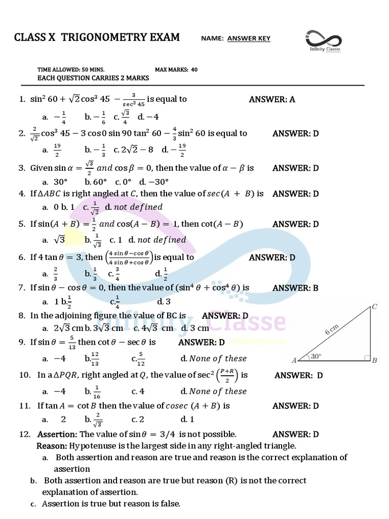 Class 10 Trigonomtery Exam MCQ | PDF | Trigonometric Functions | Sine