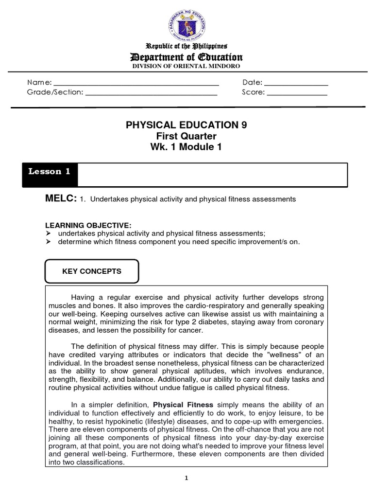 Department of Education: Physical Education 9 First Quarter Wk. 1 ...