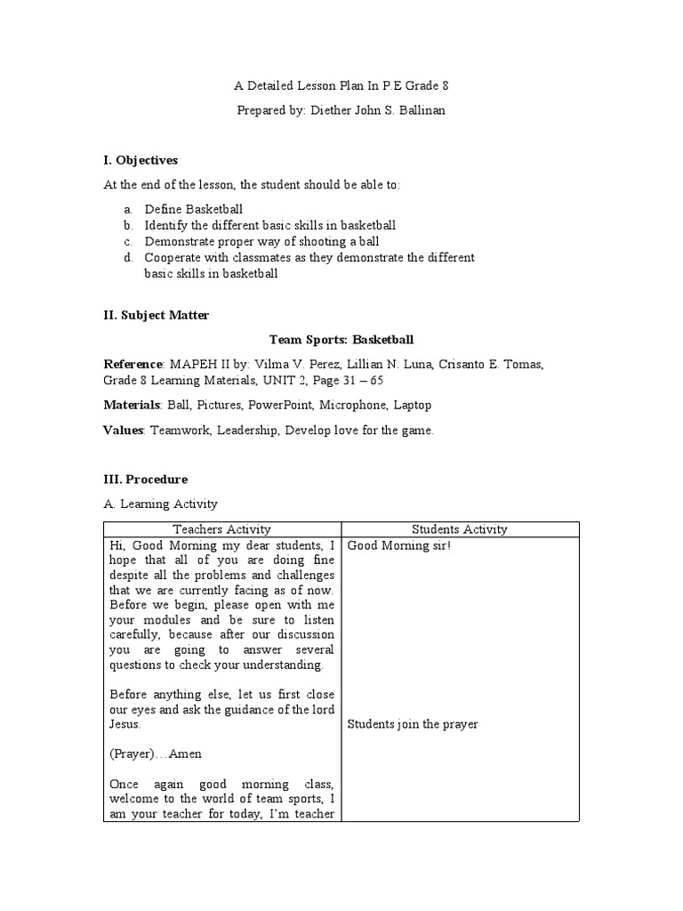 Detailed Lesson Plan in Basketball | PDF | Sports | Ball Games