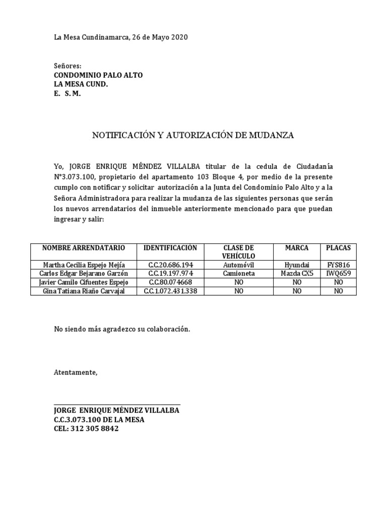 Autorizacion de Mudanza | PDF
