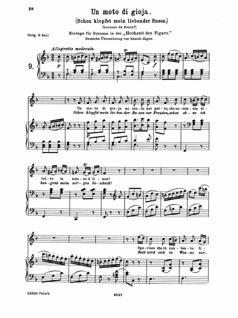 IMSLP658607-PMLP99646-Mozart Un Moto Di Gioia Low Voice Peters 9537 | PDF