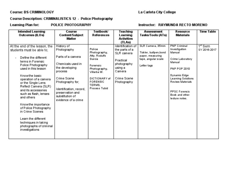 Police Photography Learning Plan | PDF | Camera | Forensic Science