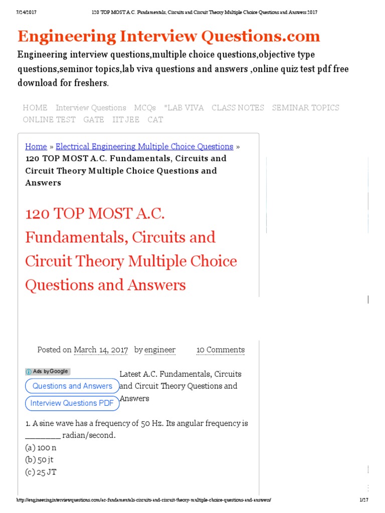 120 Top Most A.C. Fundamentals, Circuits and Circuit Theory Multiple ...
