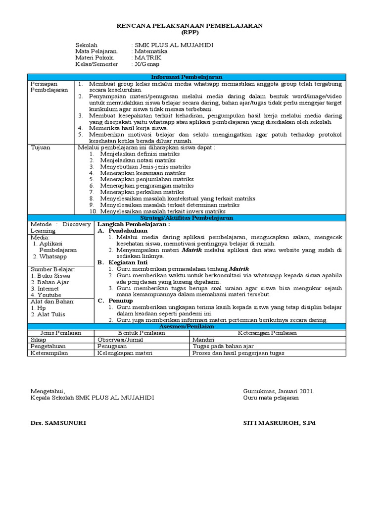 RPP Matematika Kelas X: Matriks | PDF | Karier & Perkembangan ...