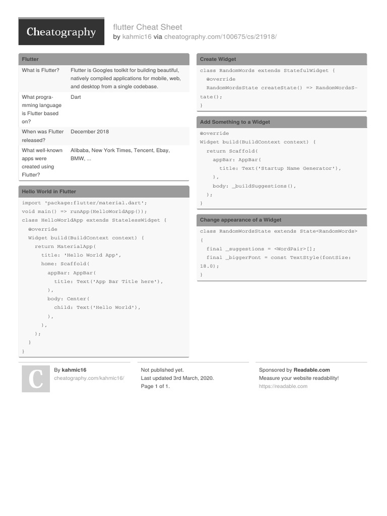 Flutter Cheat Sheet: by Via | PDF | Technology Development | Computer ...