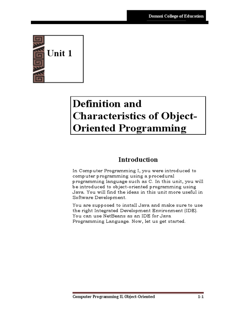Unit 1 Definition And Characteristics Of Object Oriented Programming