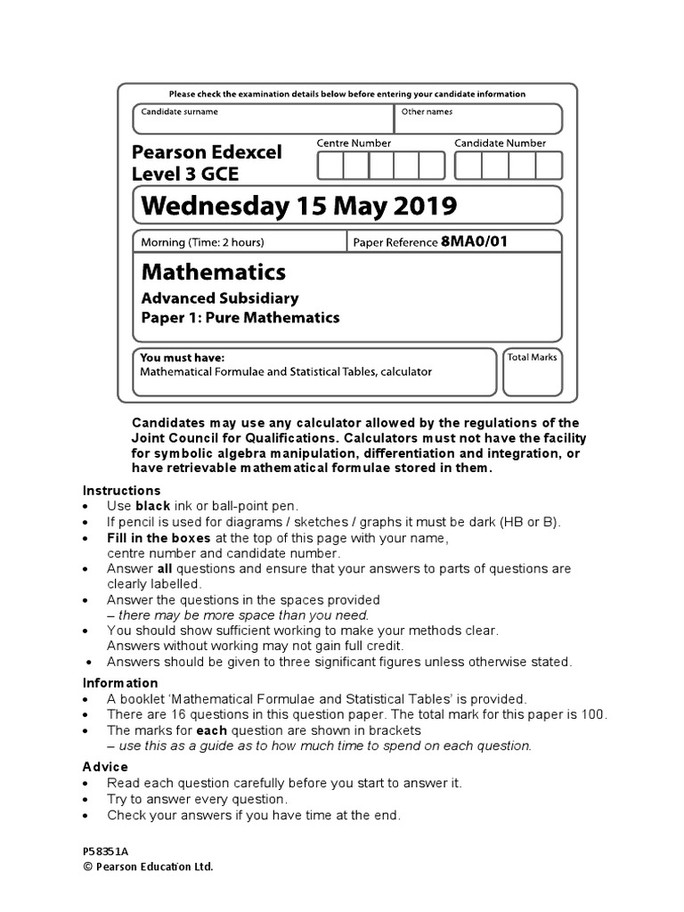 8MA0-01 AS Pure Mathematics May 2019 Examination Paper (Word ... 8MA0-01 AS Pure Mathematics May 2019 Examination Paper (Word ...
