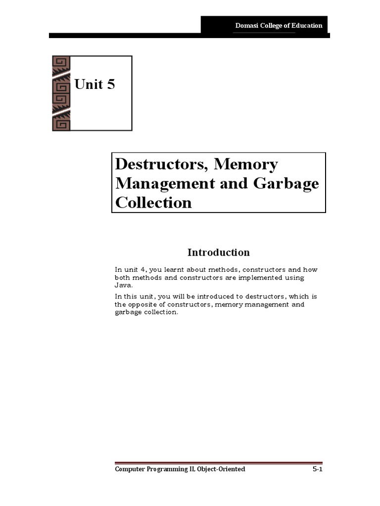 Unit 5 Destructors Memory Management And Garbage Collection Pdf Method Computer