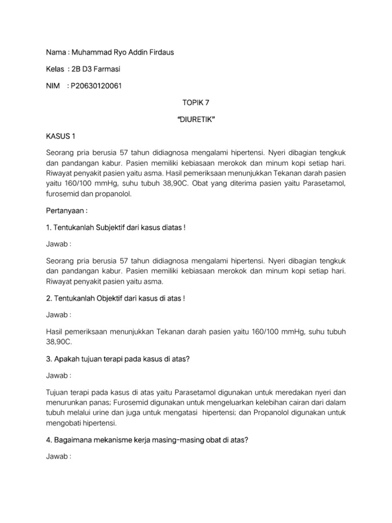 Muhammad Ryo Addin - Topik 7 Diuretik - 2B D3 Farmasi | PDF