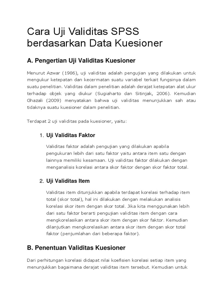Cara Uji Validitas SPSS Berdasarkan Data Kuesioner | PDF