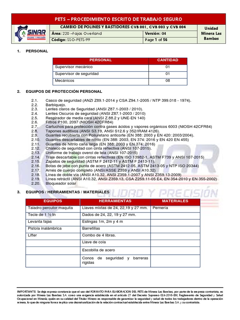 099 Cambio de Polines y Bastidores de La Faja CVB 001, 0003 Y 0004 | PDF | Minería | Lesión