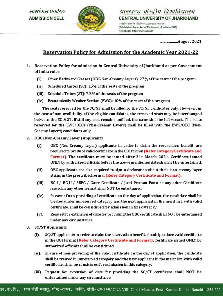 Reservation Policy and Admission Guidelines for the Academic Year 2021 ...