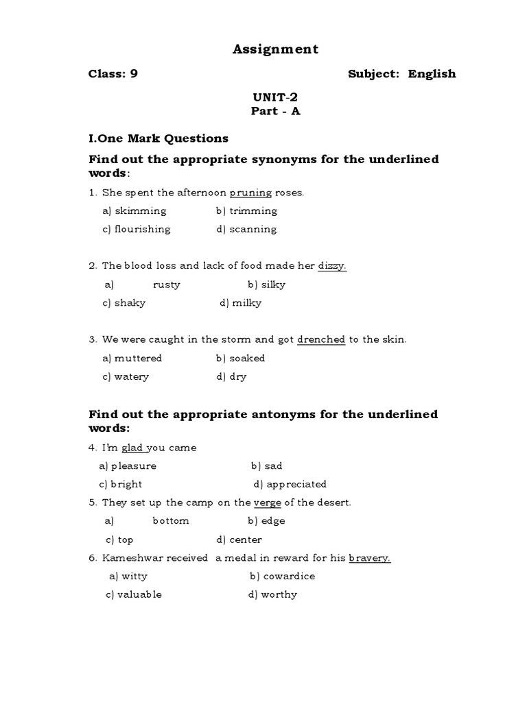 English Class 9 Assignment on Unit 2 Short Story and Poem | PDF