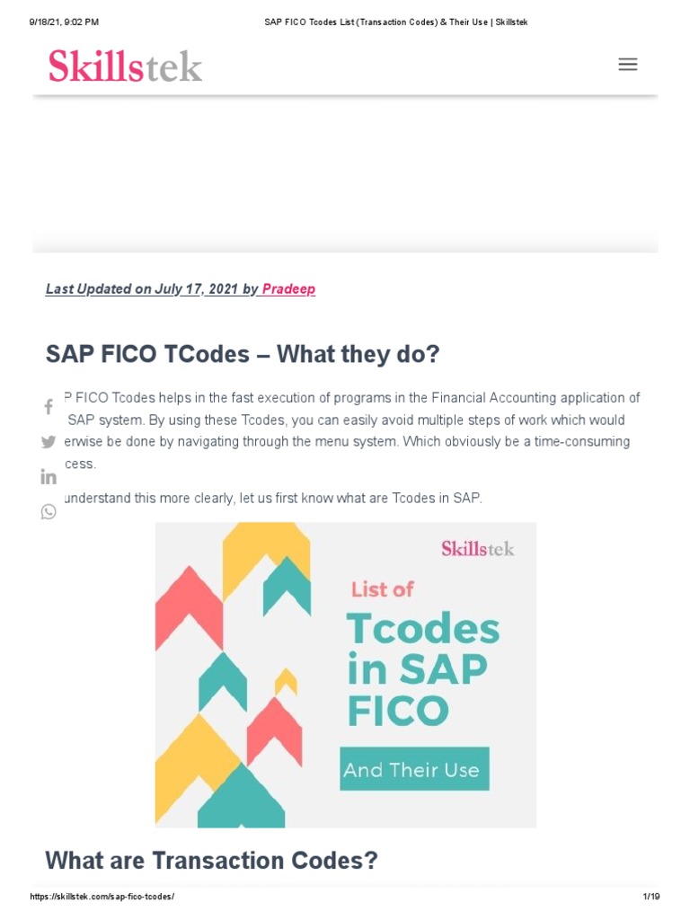 SAP FICO Tcodes List (Transaction Codes) & Their Use - Skillstek | PDF ...