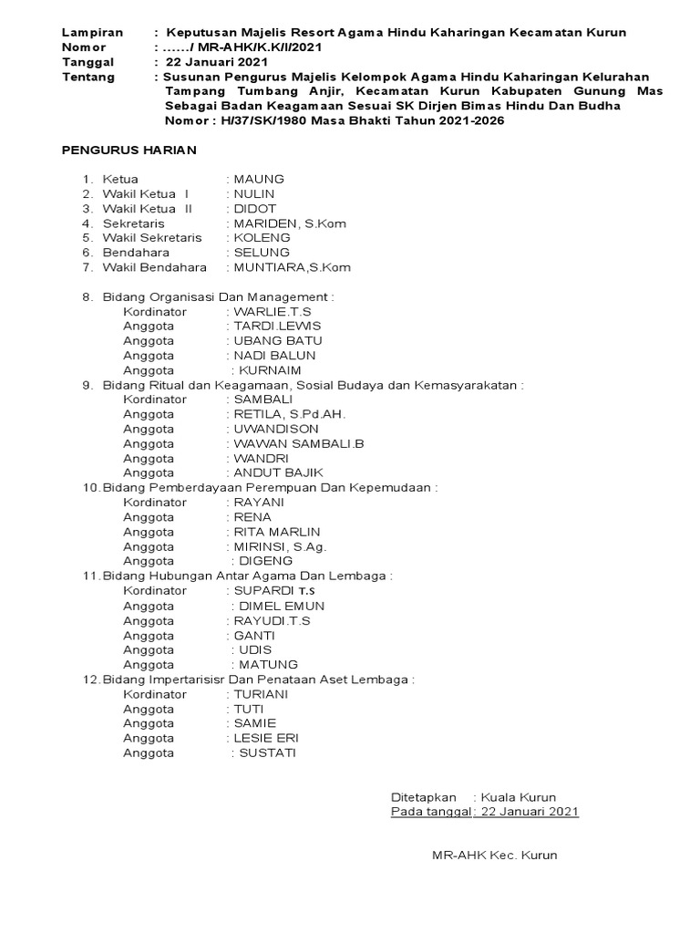 Pengangkatan Pengurus Majelis Hindu Kaharingan | PDF
