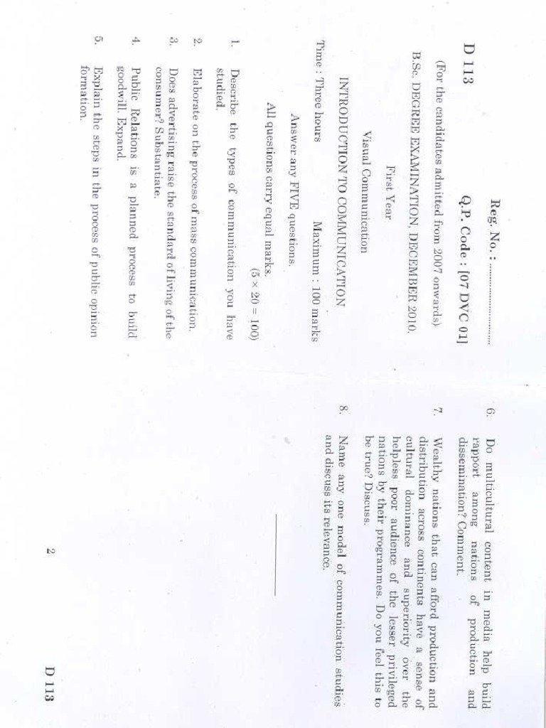 Bharathiar University BSC Visual Communication Model Question Paper Dec ...