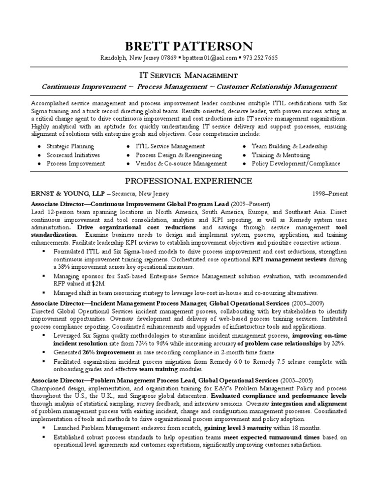 ITIL V3 Service Process Manager in Whippany NJ Resume Brett Patterson ...