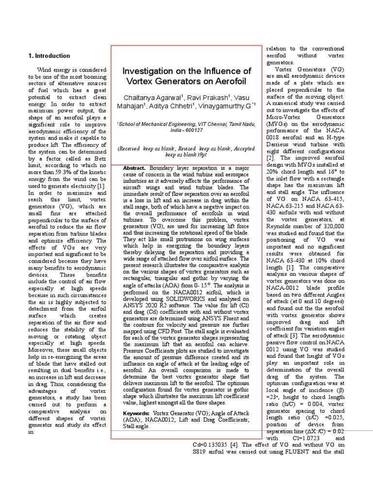 Investigation On The Influence of Vortex Generators On Aerofoil | PDF ...
