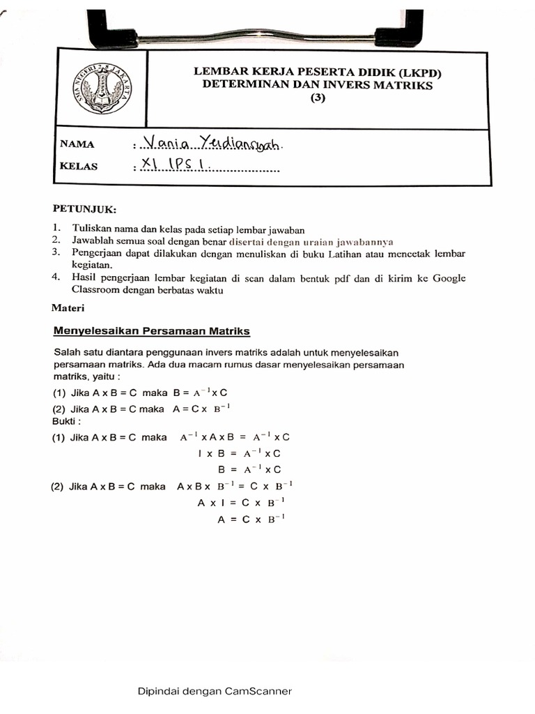 LKPD 3 - Determinan & Invers Matriks - Vania Yeldiansyah | PDF