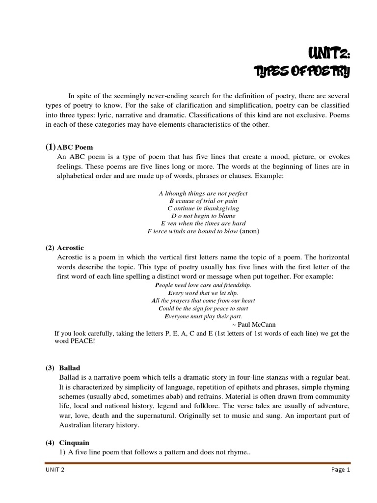 Poetry Unit 2 | PDF | Poetry | Phonaesthetics
