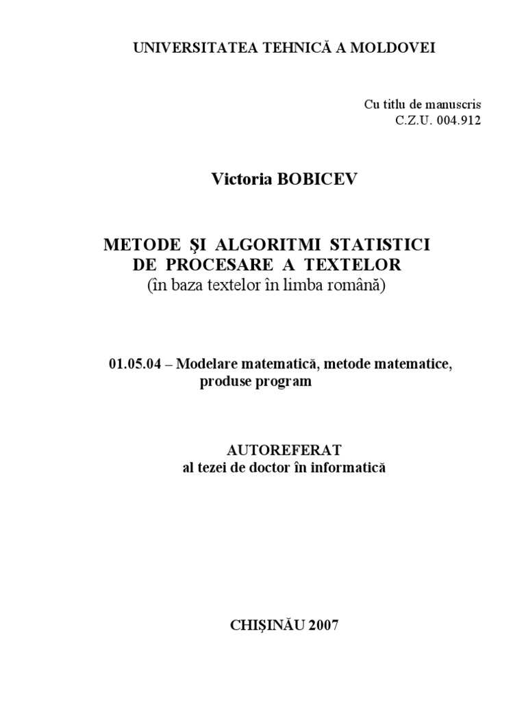METODE ŞI ALGORITMI STATISTICI DE PROCESARE A TEXTELOR (Extremlym) | PDF