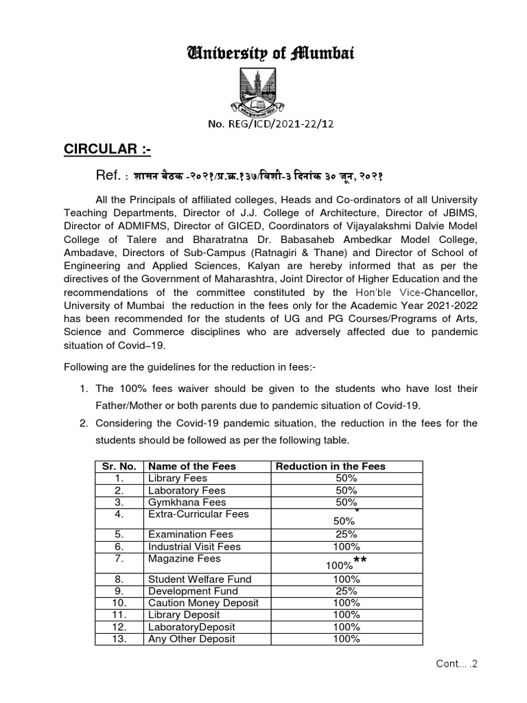 Fee Reduction Circular | PDF | Academia | Higher Education