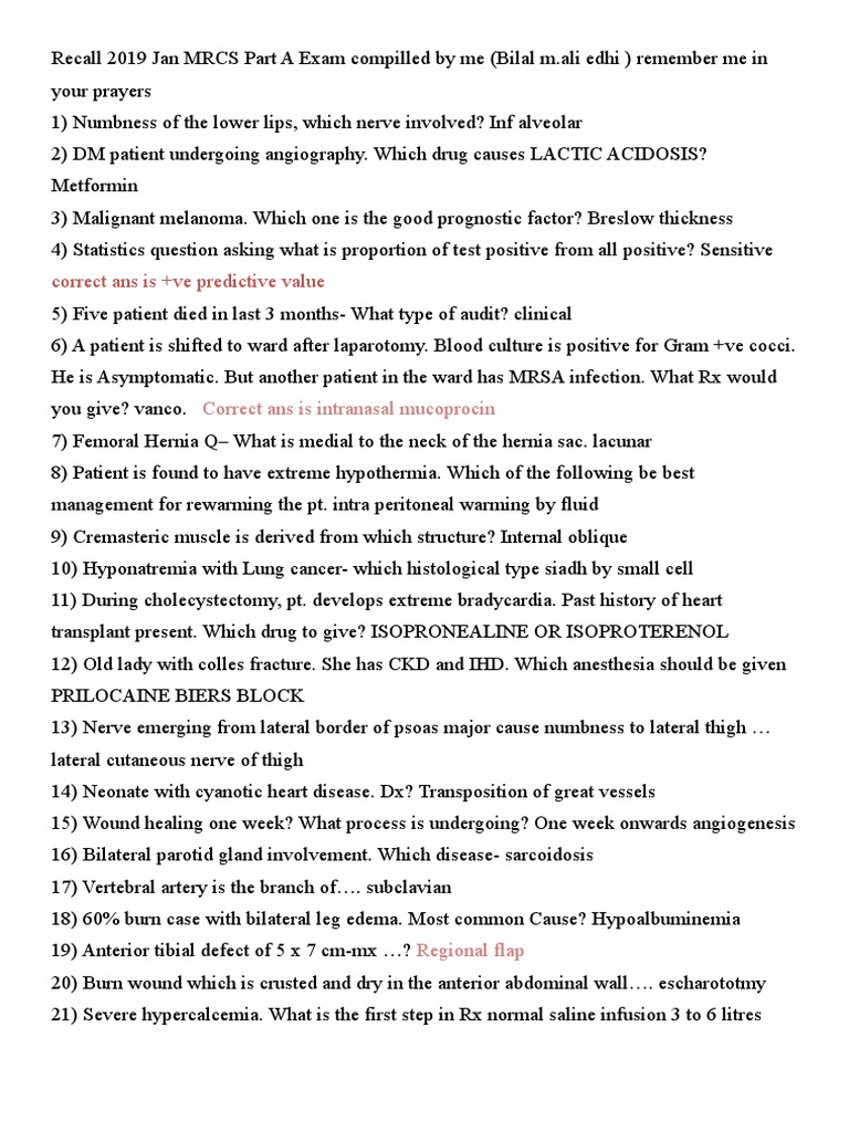 Recall 2019 Jan MRCS Part A Exam Compilled by Me-1 | PDF | Hip ...