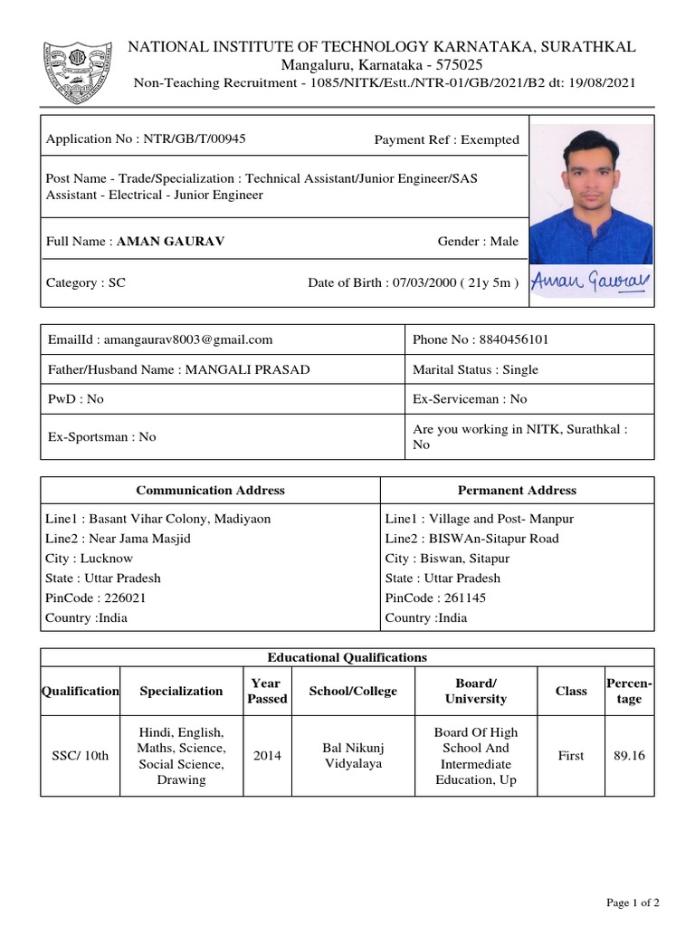 Nitk Je Form | PDF | Science And Technology | Science