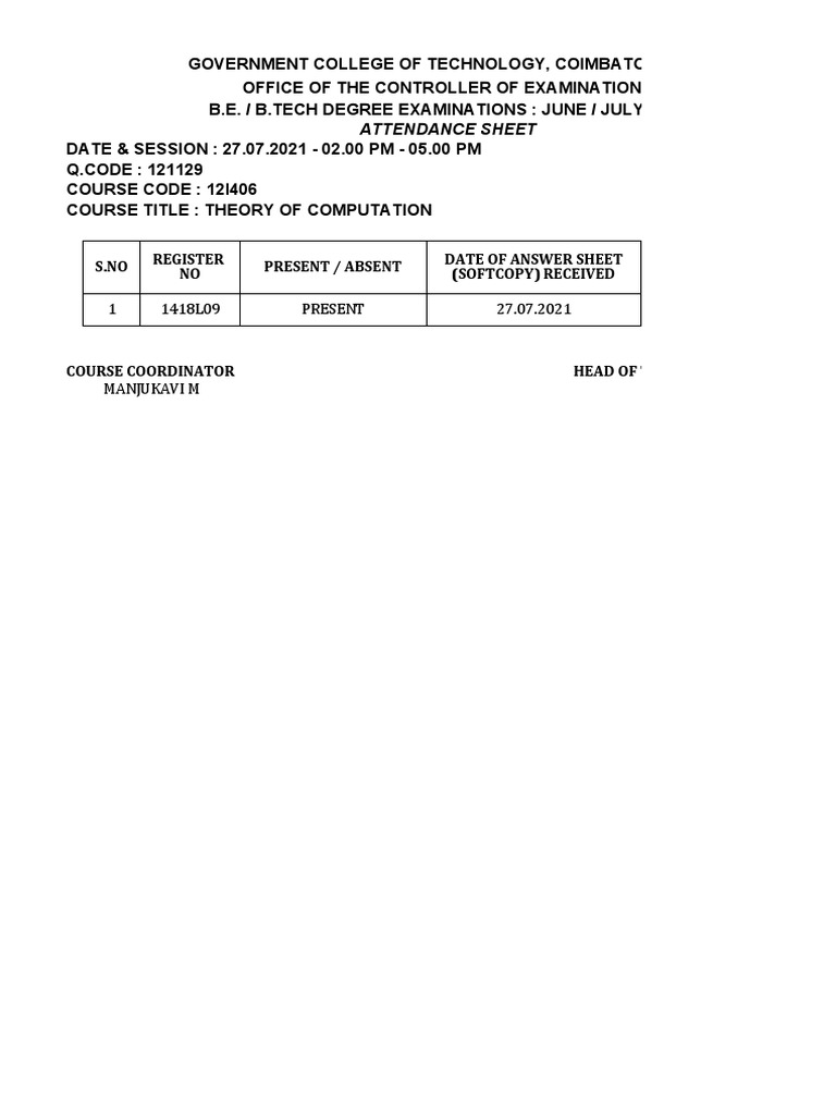 S.No Present / Absent Register NO Date of Answer Sheet (Softcopy ...