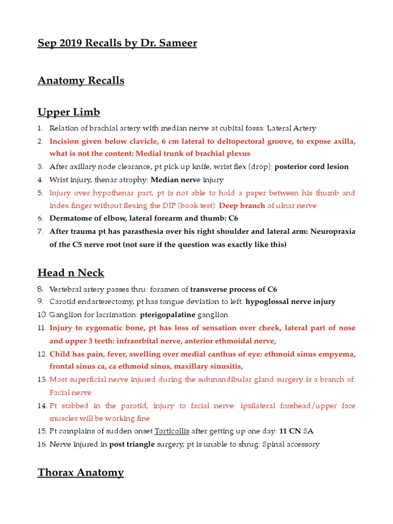 SEP 2019 Recall by Dr. Sameer Q | PDF | Human Anatomy | Human Leg