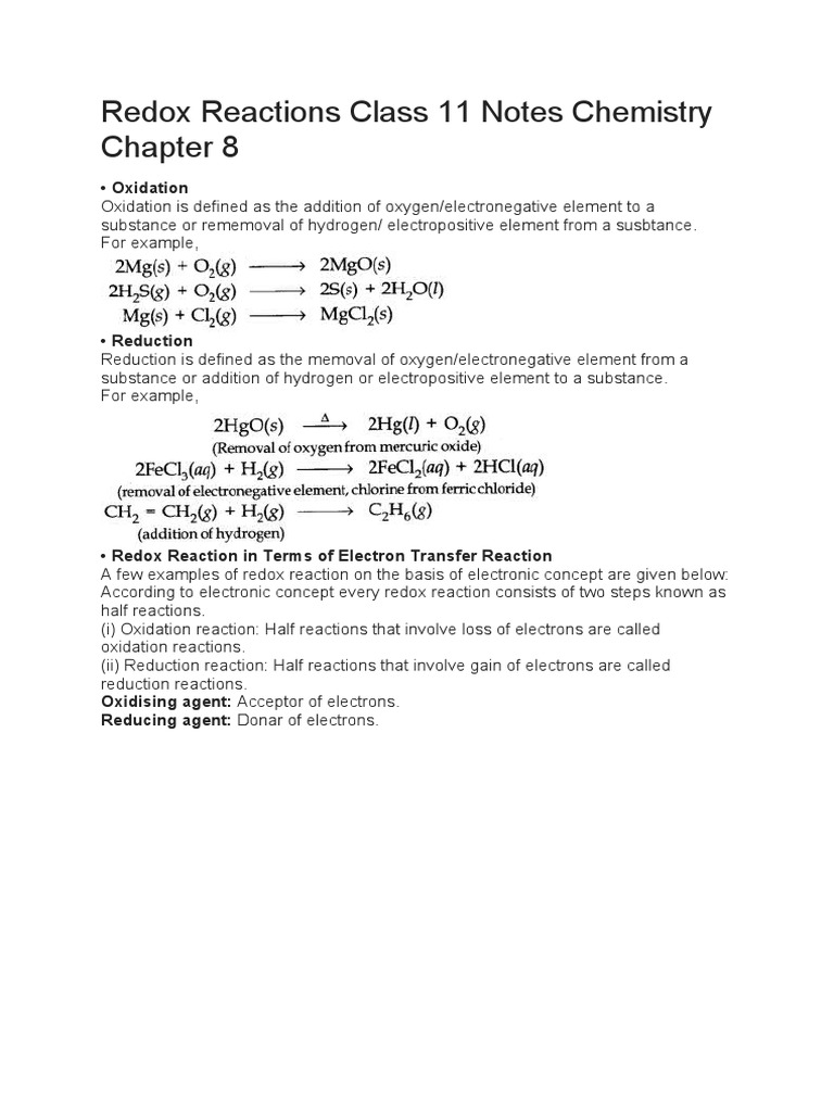 Redox Reactions Class 11 Notes Chemistry: - Oxidation | PDF | Redox ...