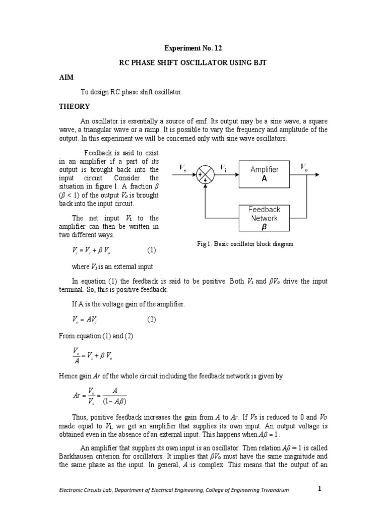 12-RC Phase Shift Oscillator | PDF | Amplifier | Electronic Oscillator