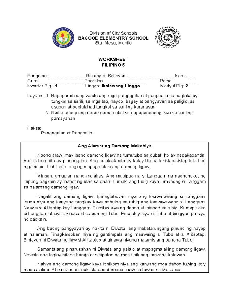 Filipino 5 Worksheet 2 | PDF